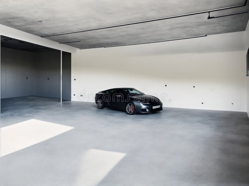 A Large, Empty Room with a White Wall and a Black Car Parked in the ...