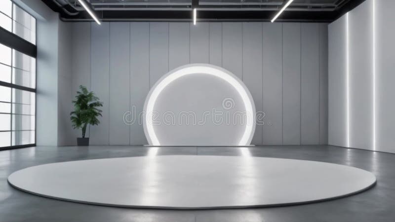 Large Empty Room with a White Wall and a Circular Platform for Display ...