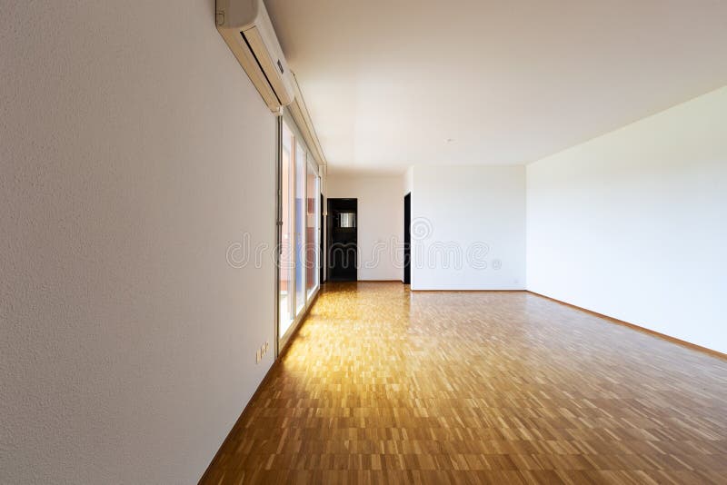 Large Empty Room with White Walls and 70`s Parquet Stock Photo - Image ...