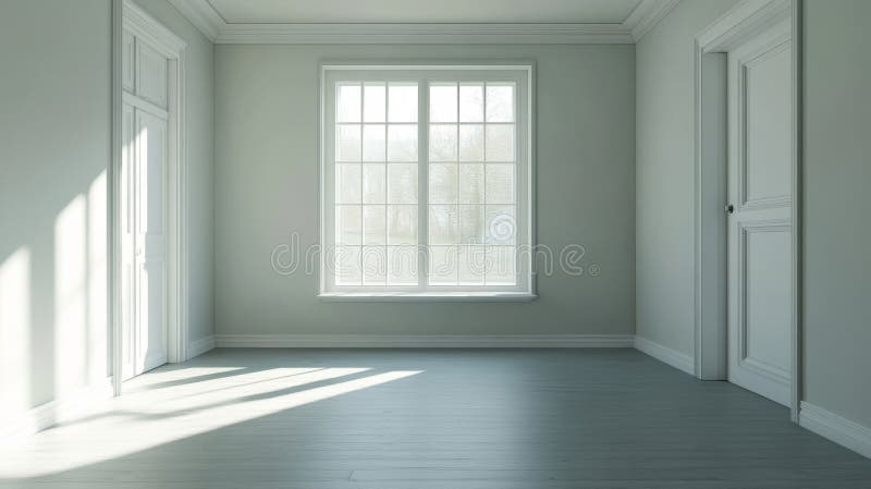 A Large, Empty Room with a Large Window and White Doors Stock Illustration - Illustration of ...