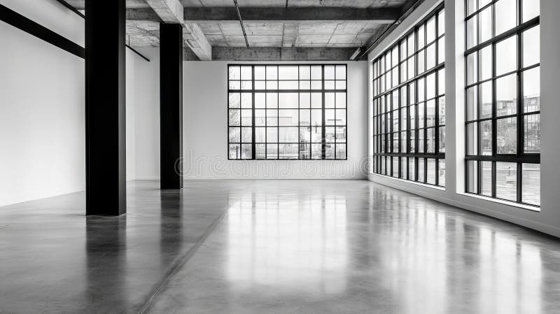 A Large Empty Room with Large Windows in it Stock Photo - Image of wall ...