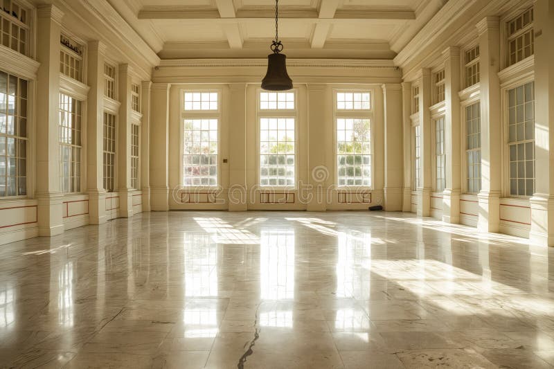 A Large Empty Room with Large Windows and a Chandelier. Generative AI Stock Photo - Image of ...