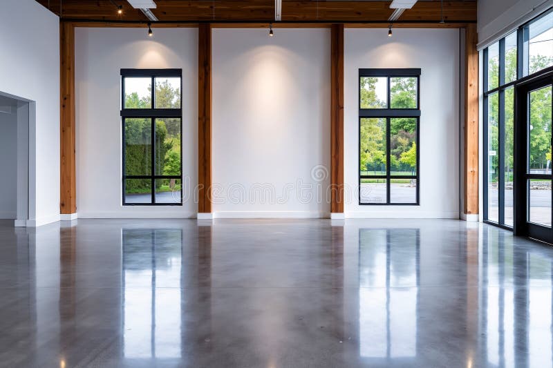 A Large Empty Room with Large Windows and a Concrete Floor Stock Photo ...