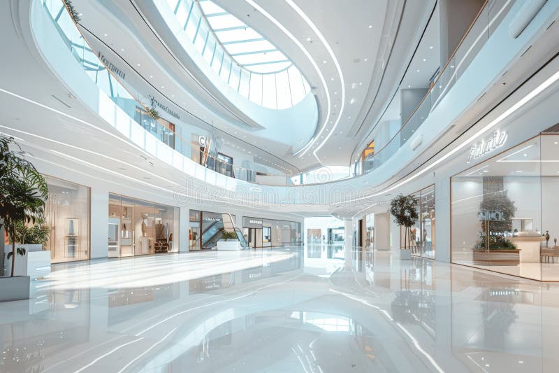 A Large, Empty Shopping Mall with a White Ceiling and White Walls with ...