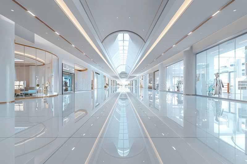 A Large, Empty Shopping Mall with a White Ceiling and White Walls with ...