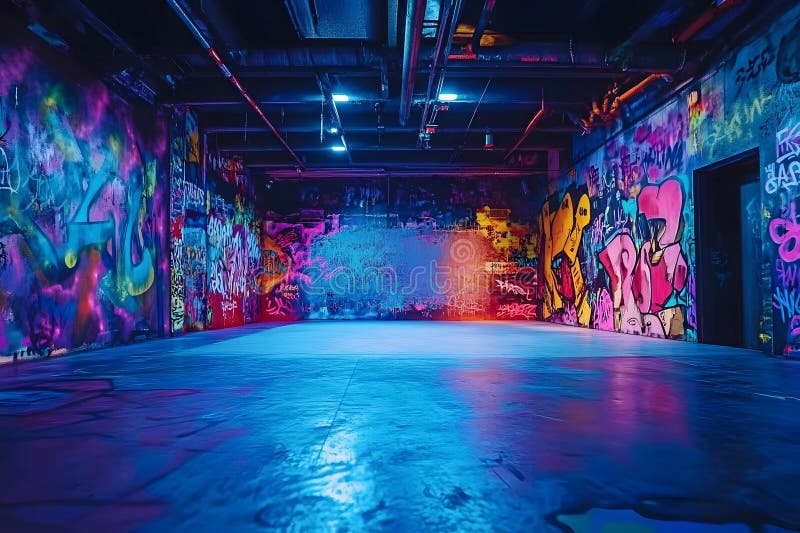 A Large, Empty Space with Graffiti Covered Walls Lit with Neon Blue and ...