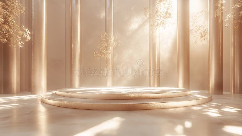 A Large, Empty Stage with a Gold Colour Background and a Tree in the ...