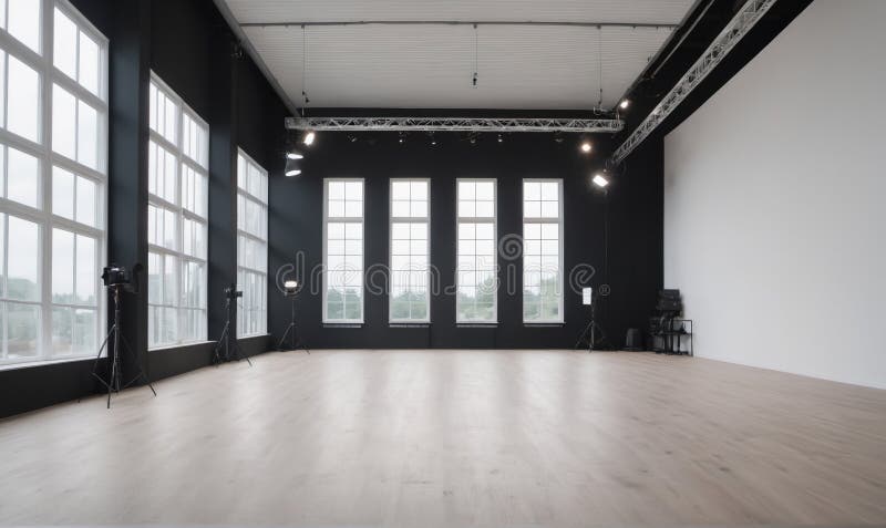 A Large, Empty Studio Space with Black Walls, Large Windows, and a ...