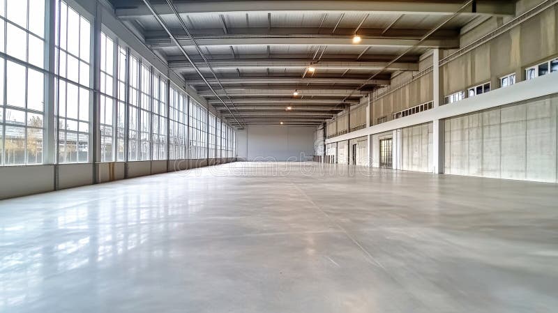 Spacious Modern Warehouse Interior with High Ceilings and Panoramic ...
