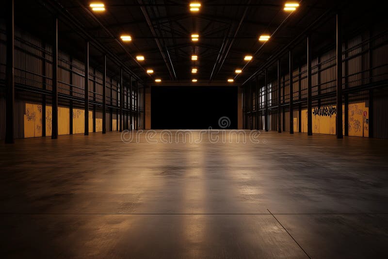 Large Empty Warehouse Interior with Concrete Flooring and Dim Lighting ...