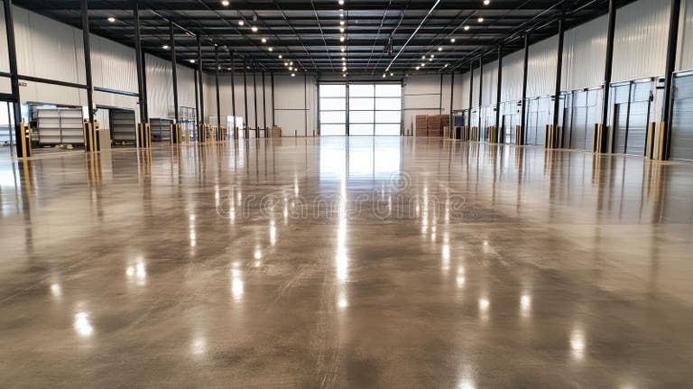 Large Empty Warehouse Interior with Polished Concrete Floor and High ...