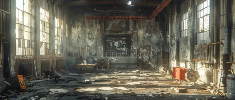A Large, Empty Warehouse with a Lot of Rust and Graffiti on the Walls ...