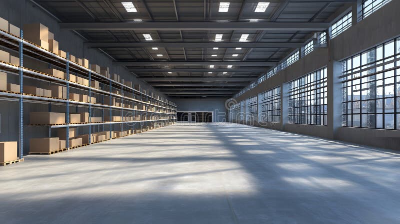 Large Empty Warehouse Space with Shelves and Natural Light. Stock ...