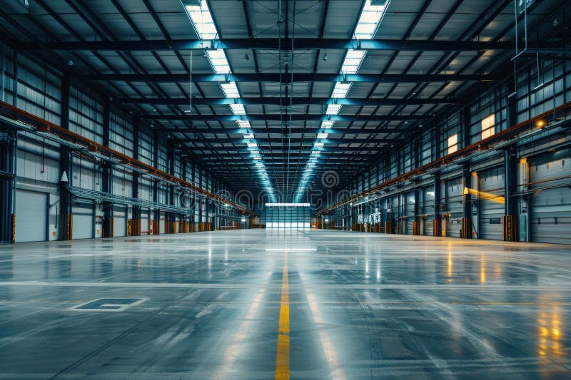 A Large, Empty Warehouse with a Yellow Line on the Floor Stock Photo ...