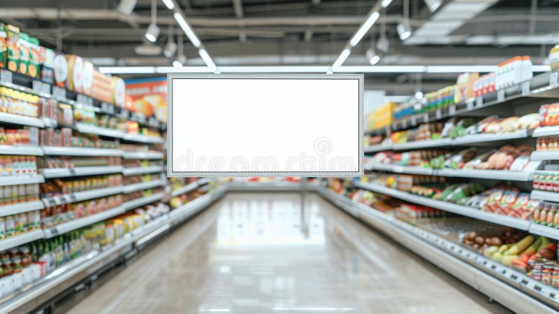 A Large Empty White Sign Hangs in the Middle of a Grocery Store Aisle ...