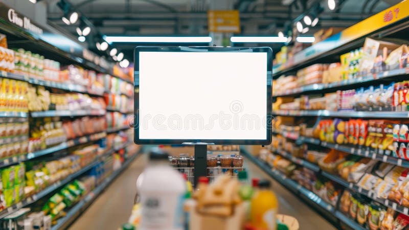 A Large Empty White Sign Hangs in the Middle of a Grocery Store Aisle ...