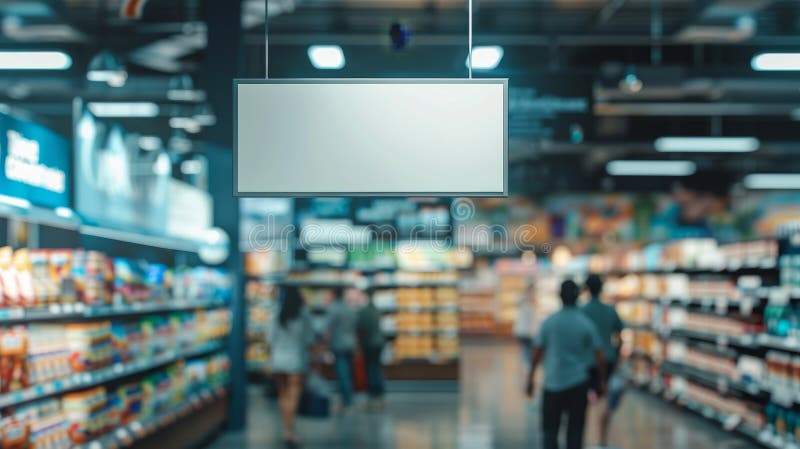 A Large Empty White Sign Hangs in the Middle of a Grocery Store Aisle ...