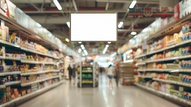 A Large Empty White Sign Hangs in the Middle of a Grocery Store Aisle ...