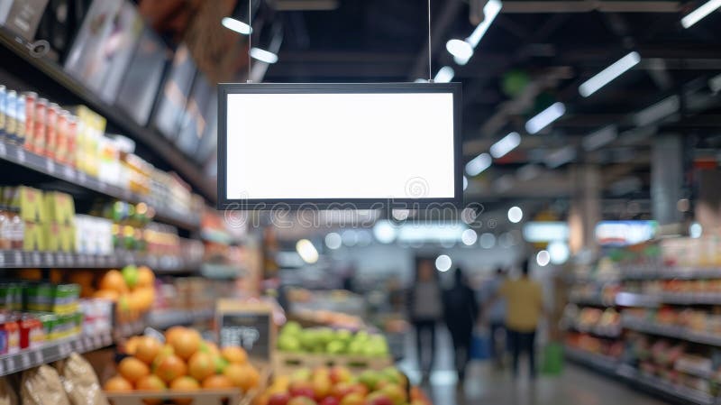 A Large Empty White Sign Hangs in the Middle of a Grocery Store Aisle ...