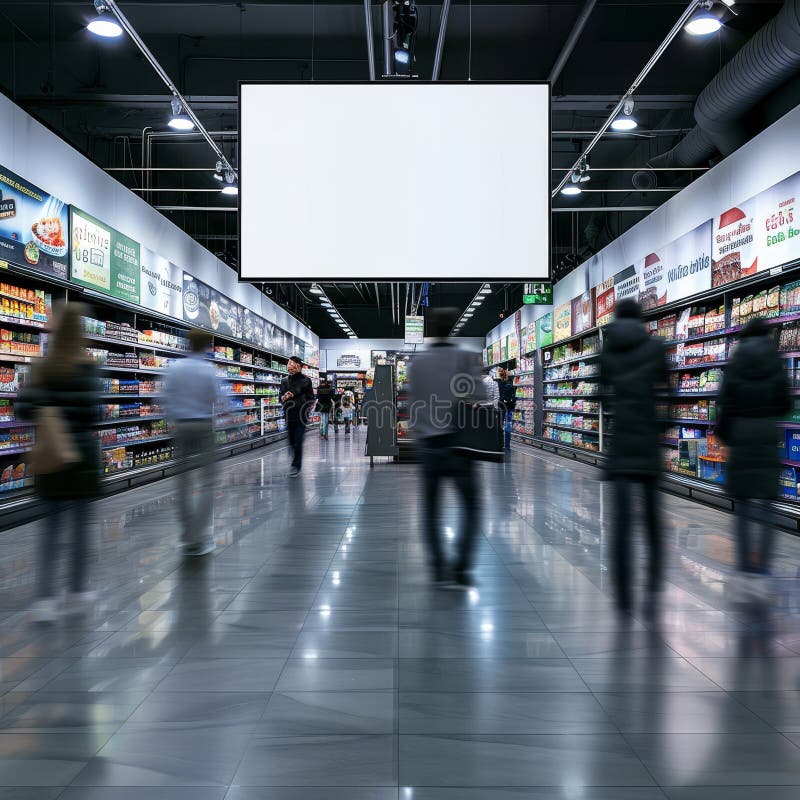 A Large Empty White Sign Hangs in the Middle of a Grocery Store Aisle ...