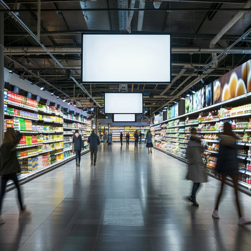 A Large Empty White Sign Hangs in the Middle of a Grocery Store Aisle ...