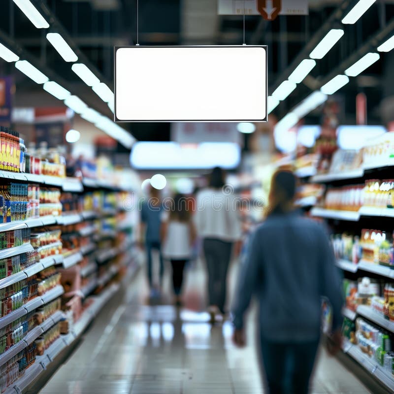 A Large Empty White Sign Hangs in the Middle of a Grocery Store Aisle ...