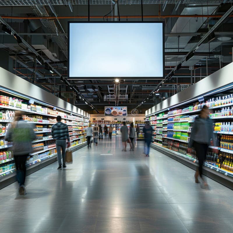 A Large Empty White Sign Hangs in the Middle of a Grocery Store Aisle ...
