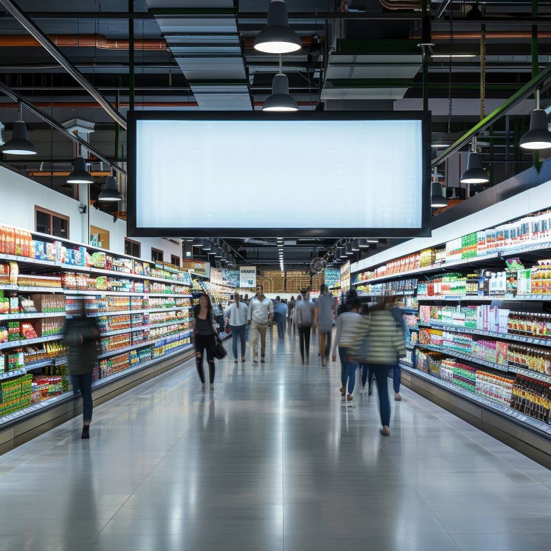 A Large Empty White Sign Hangs in the Middle of a Grocery Store Aisle ...
