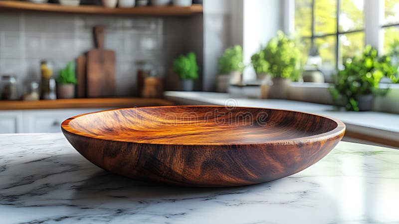 Large, Empty Wooden Bowl on Marble Kitchen Counter Stock Illustration ...