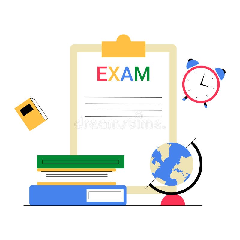 Exam Paper with Books and Globe in Flat Vector Illustration Symbolizing ...
