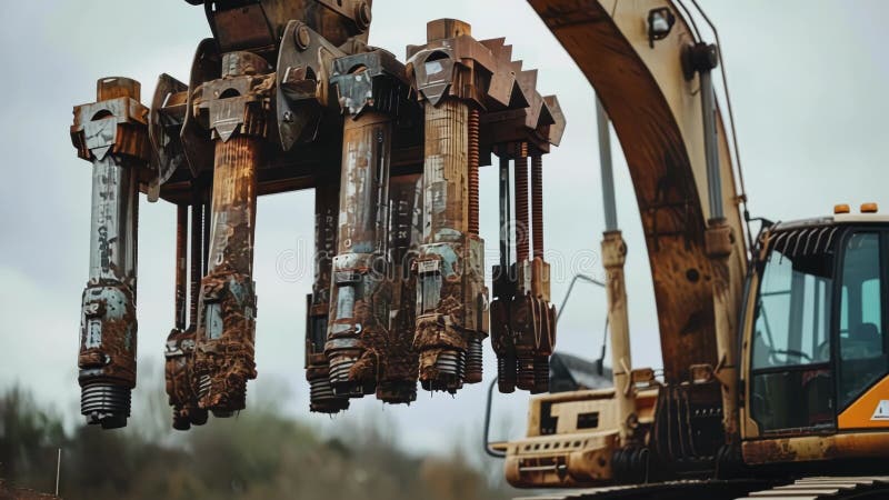 A Large Excavator Holding Several Piles in Its Heavy Duty Claws Ready ...