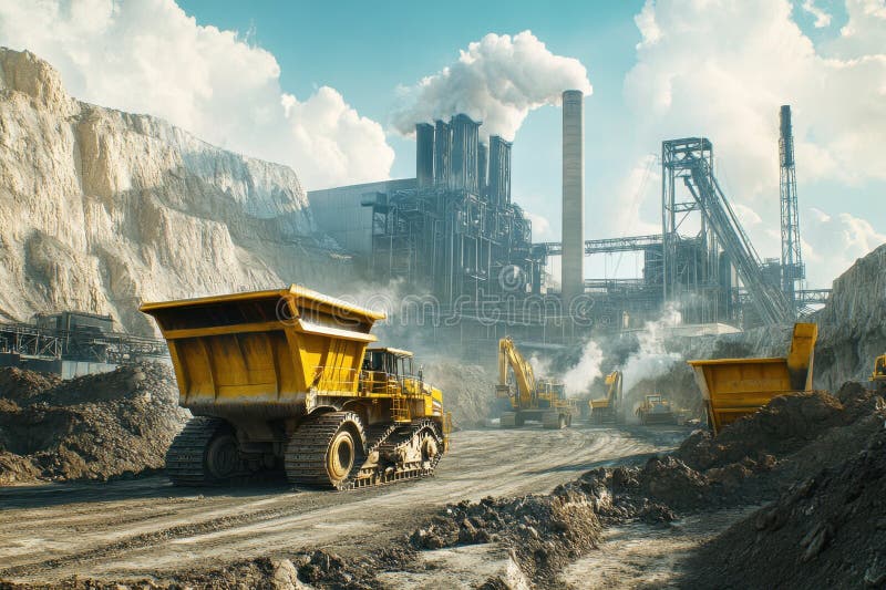 Heavy Machinery Operates in a Vast Mining Site Under a Bright Blue Sky ...