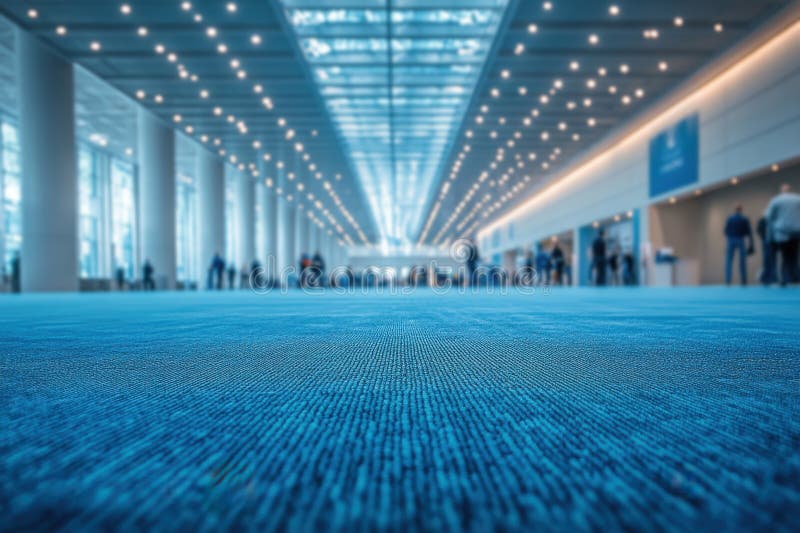 Large Exhibition Hall Blue Carpeted Floor High Ceiling Abstract Blur ...