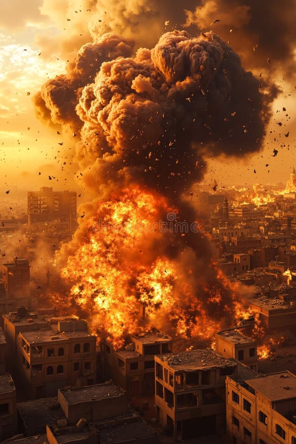 A Large Explosion in the Middle of a City Stock Photo - Image of plume ...