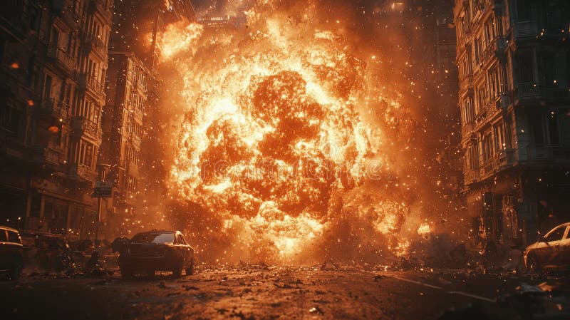 Large Explosion of Fire in a City Causing Destruction and Chaos during ...
