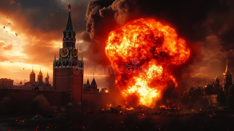 A Large Explosion in the Middle of a City with a Clock Tower in the ...
