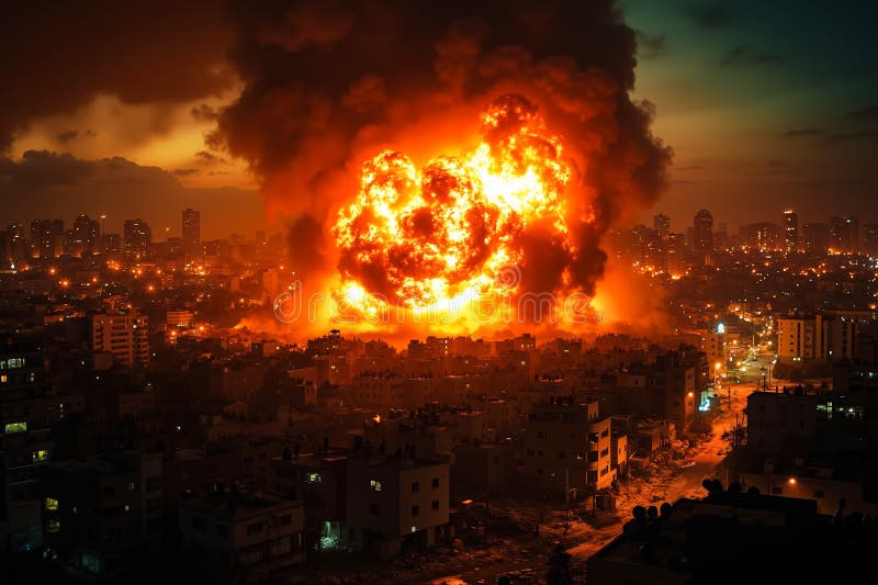 A Large Explosion in the Middle of a City at Night Stock Photo - Image ...