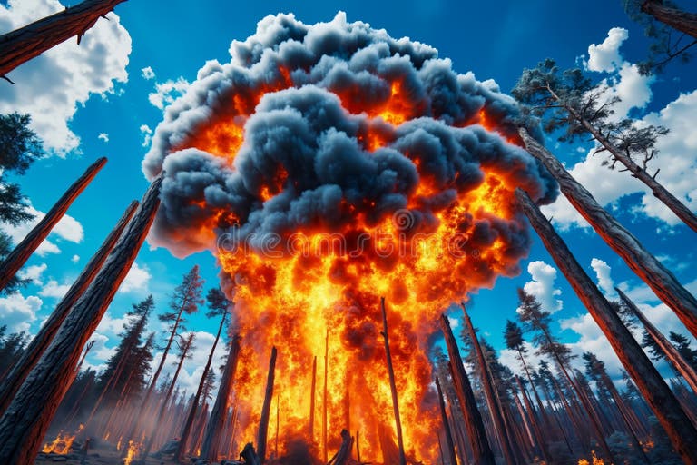 A Large Explosion in the Middle of a Forest Stock Image - Image of ...