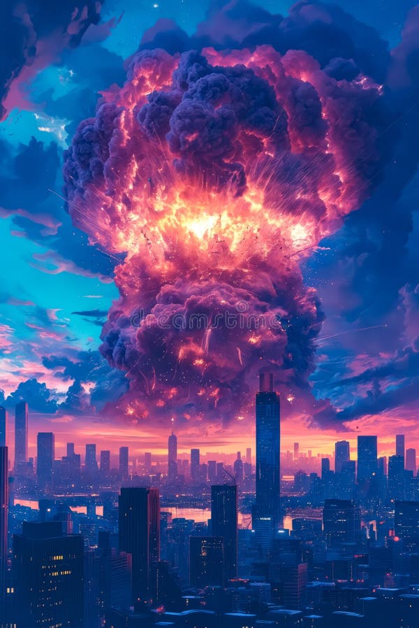 A Large Explosion in the Sky Over a City at Night. Generative AI Stock ...