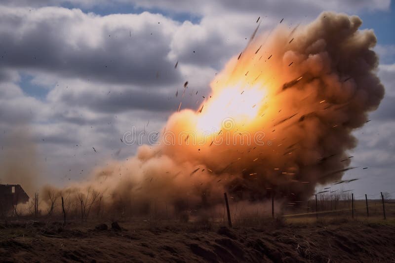 A Large Explosion of Smoke and Fire Bursting in an Open Field Stock ...