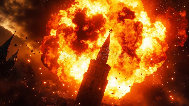 A Large Explosion of Fire with a Clock Tower in the Background Stock ...
