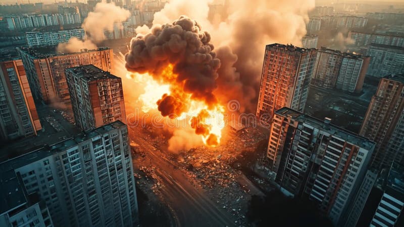 Aerial View of Massive Explosion and Fire in Urban Residential Area ...