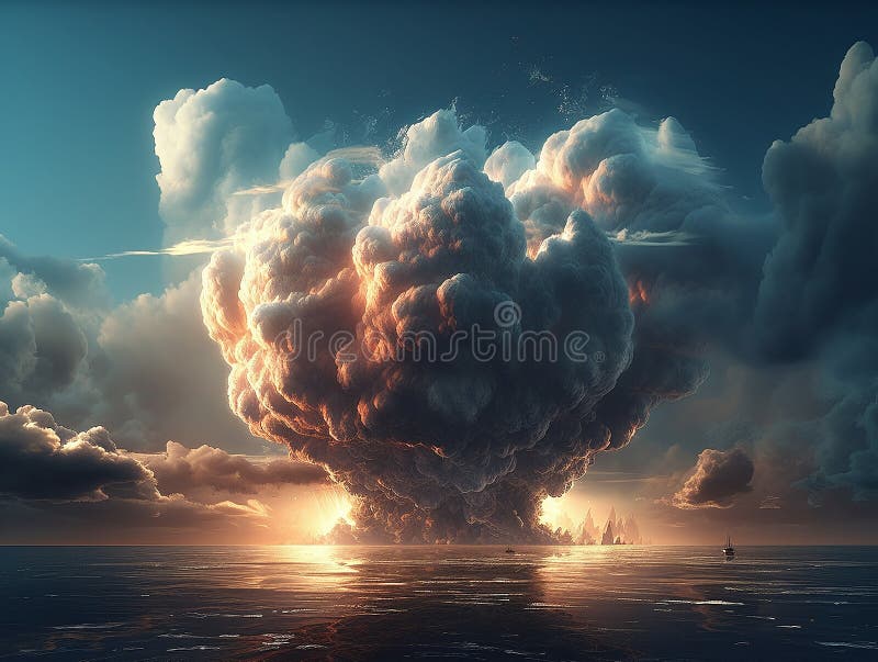A Large Explosive Cloud in the Sky Over the Ocean before a Storm. AI ...