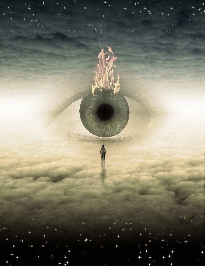 Large eye in cloudy space stock illustration. Illustration of happy ...