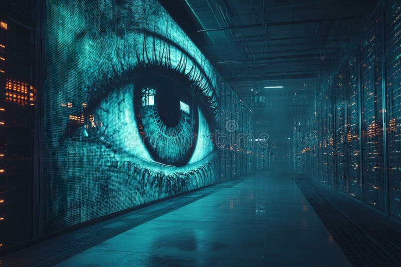 Large Eye Projected on a Wall in a Server Room Symbolizes Digital ...