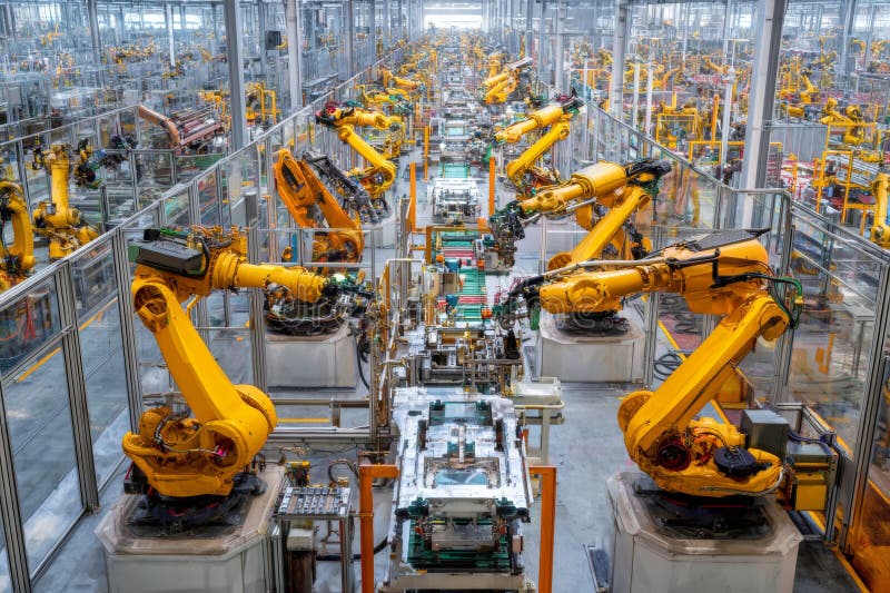 Large Factory Floor Features Advanced Robotic Arms Actively Assembling Products on a High-tech ...