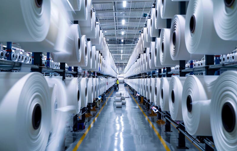 A Large Factory with Rolls of White Fabric Stock Image - Image of ...