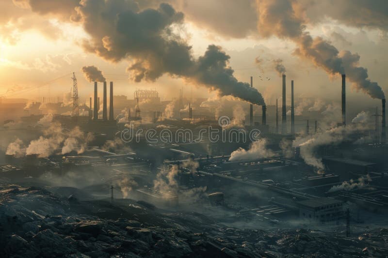 A Large Factory with Smoke and Pollution in the Sky Stock Illustration ...