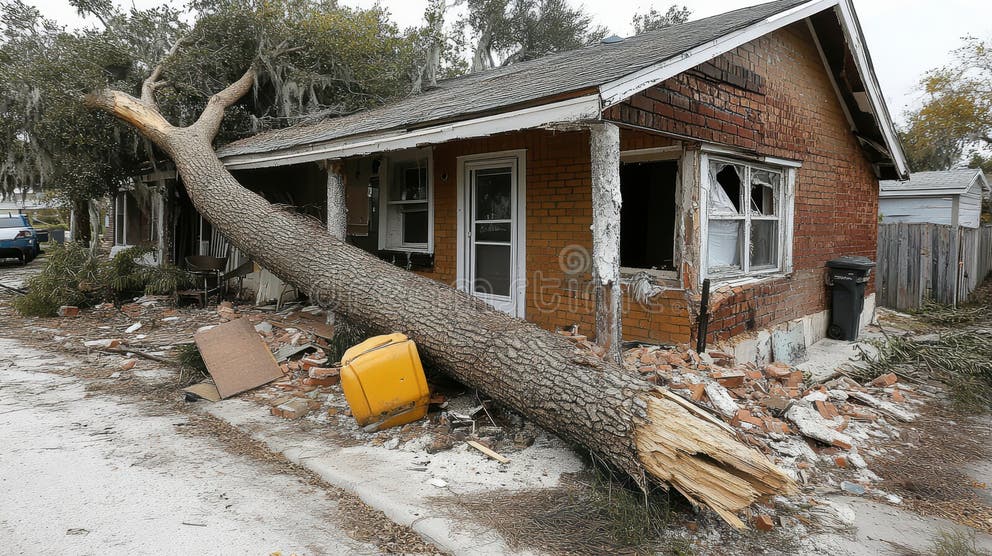 Large Fallen Tree Crashes into Damaged Brick House after Storm with ...
