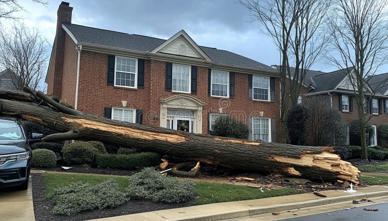 Large Fallen Tree on Suburban House after Storm, Damage, and Insurance ...